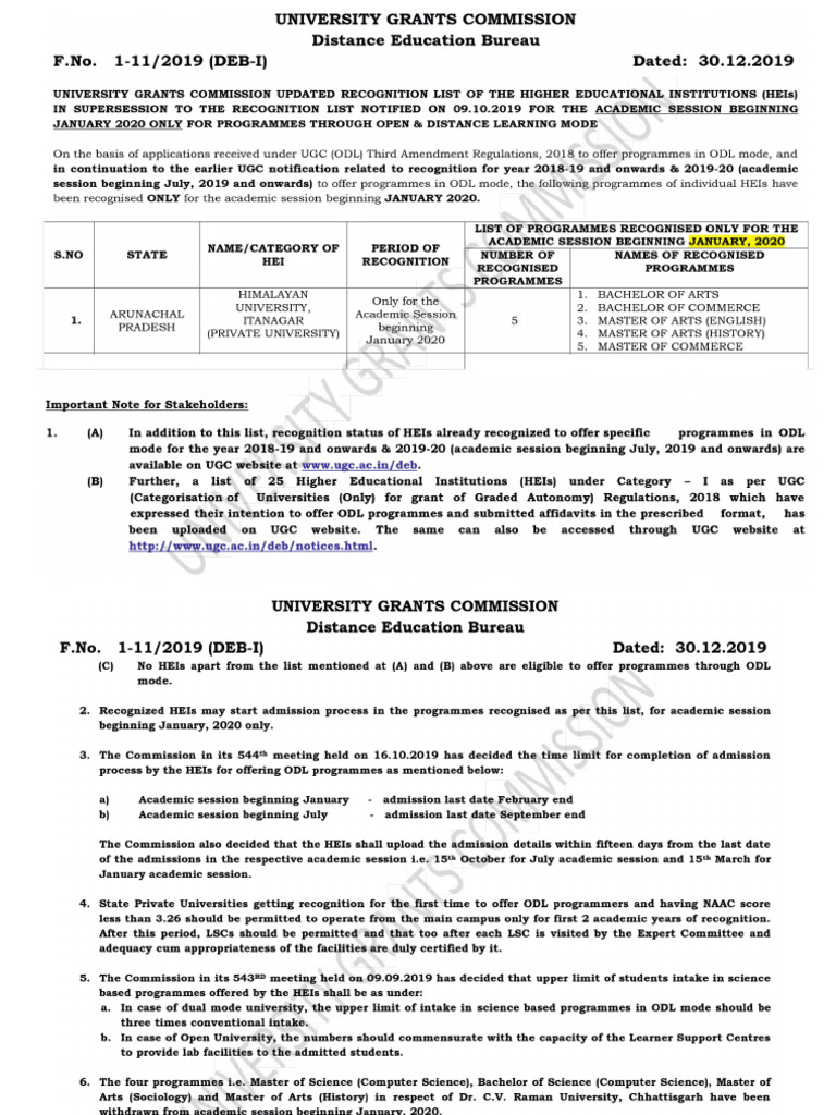 Ugc Deb Approved Himalayan University To Offer Distance Programmes | PDF
