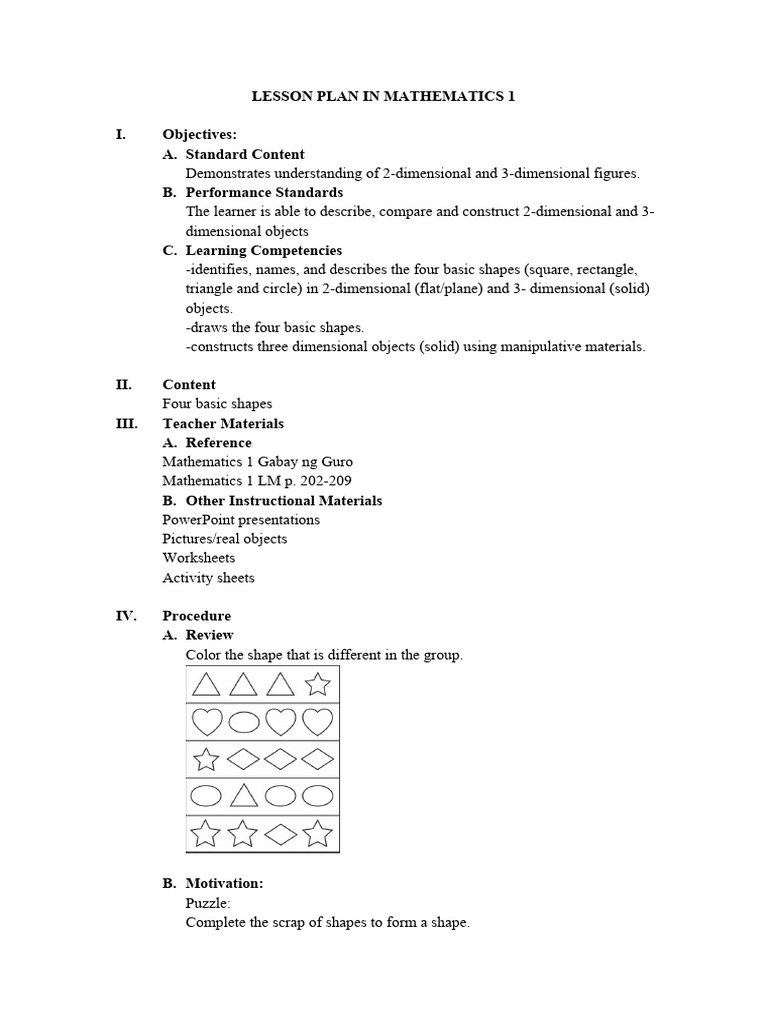 Cot Lesson Plan in Mathematics 1 - q3 - Week 6 - Four Basic Shapes | PDF | Shape | Triangle