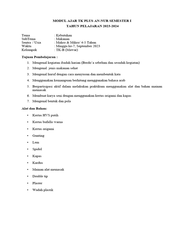 Modul Ajar Ke-7 (Makanan) | PDF