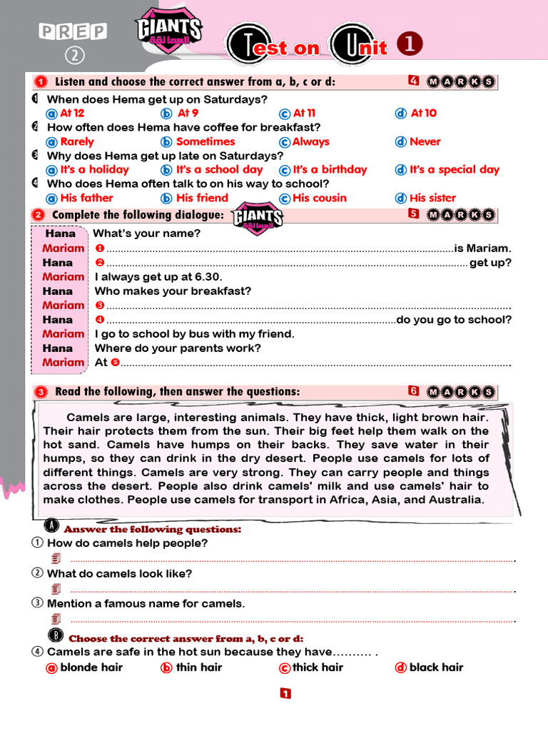 Giants - Prep.2.Exam - Unit 1.2022 | PDF | Camel