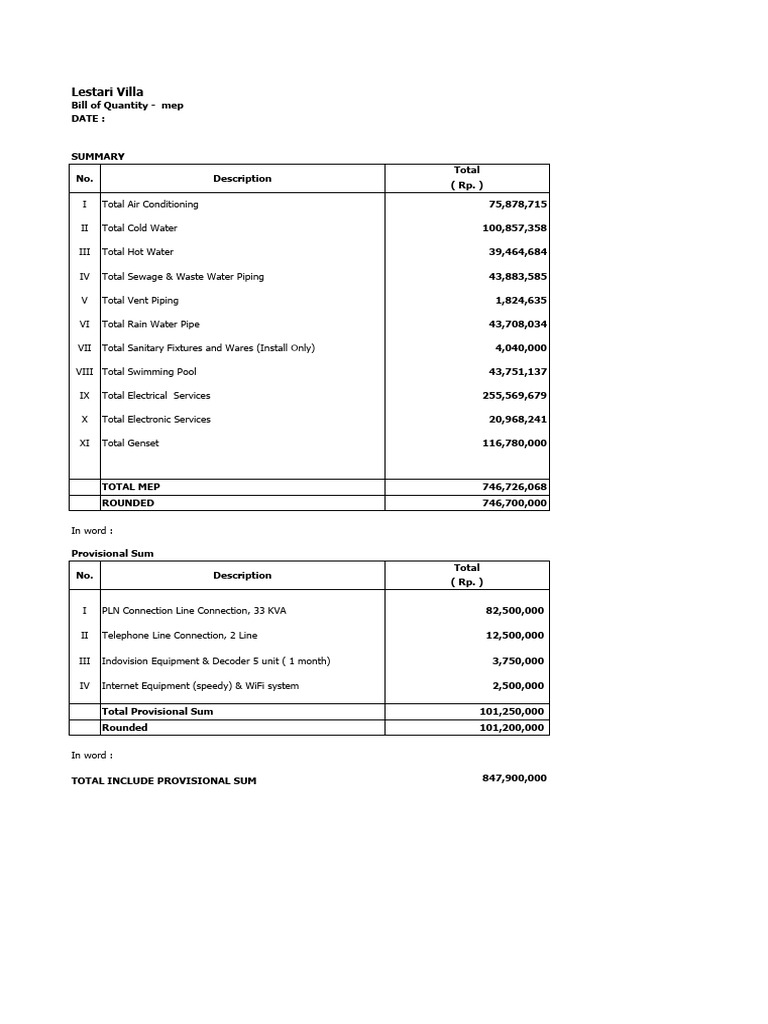 BoQ MEP Villa Lestari 13-04-10 | PDF | Plumbing | Valve