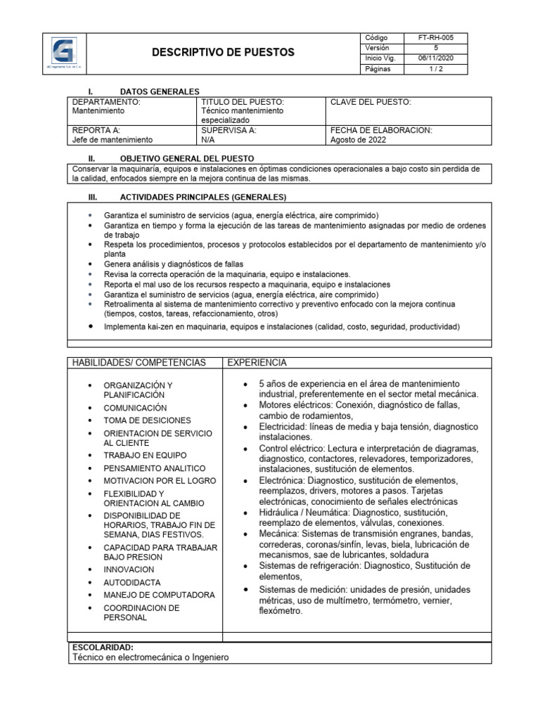 FT-RH-005 Técnico de Mtto Especializado | PDF | Ingenieria Eléctrica | Ingeniería