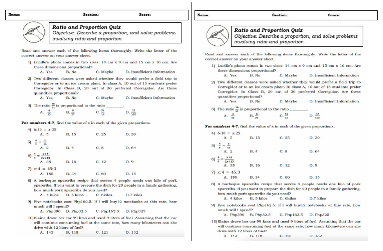 G9 MATH RATIO AND PROPORTION QUIZ | PDF