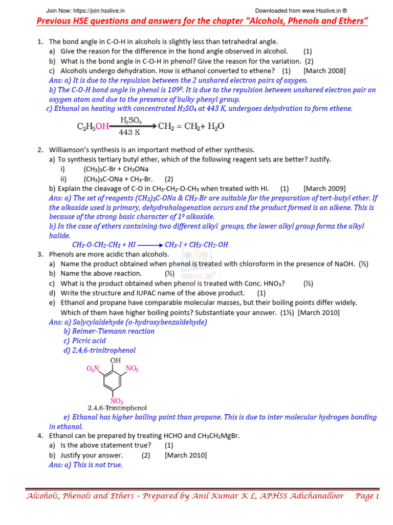 Previous HSE Questions and Answers For The Chapter "Alcohols, Phenols and Ethers" | PDF | Ether ...