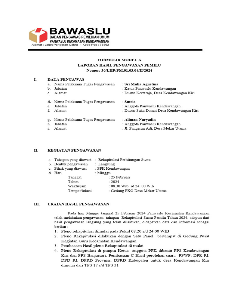 Laporan Pengawasan Pleno Pemilu 2024 | PDF