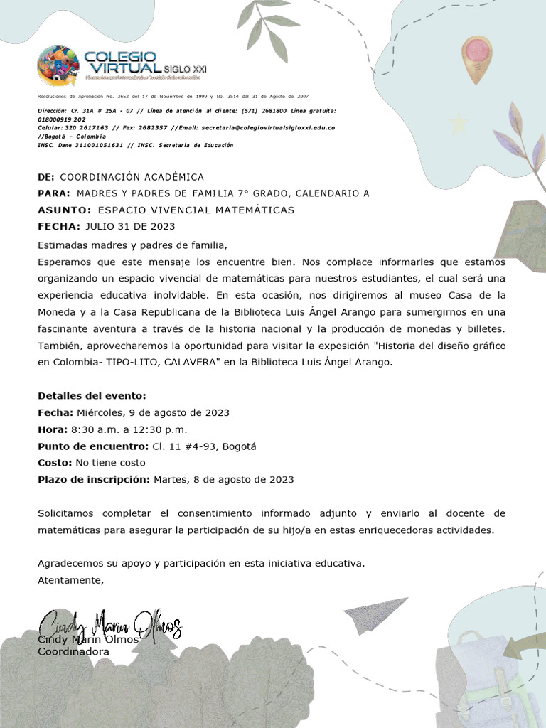 Nota de Contacto - (Espacio Vivencial Matemáticas) | PDF