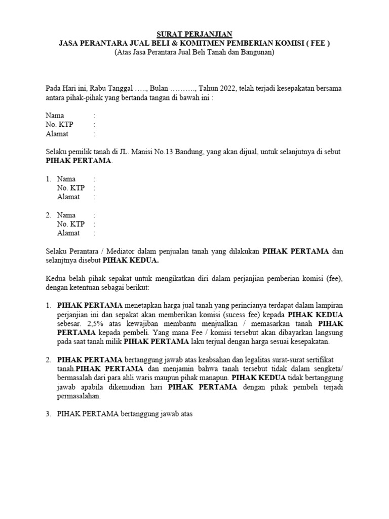Surat Perjanjian Fee Penjualan Tanah | PDF