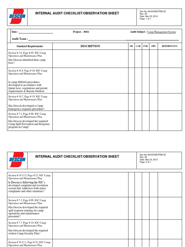 Internal Audit Checklist for Camp Management | PDF | Working Conditions | Occupational Safety ...