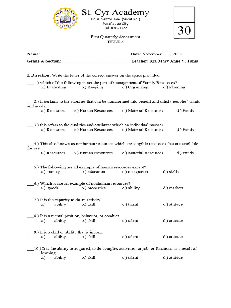 First Quarterly Assessment in Hele 6 | PDF | Money | Economies
