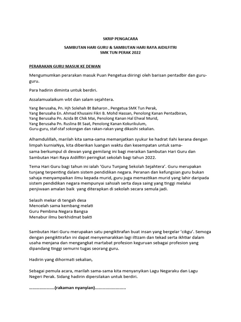 Skrip Pengacara Majlis Hari Guru 2022 | PDF