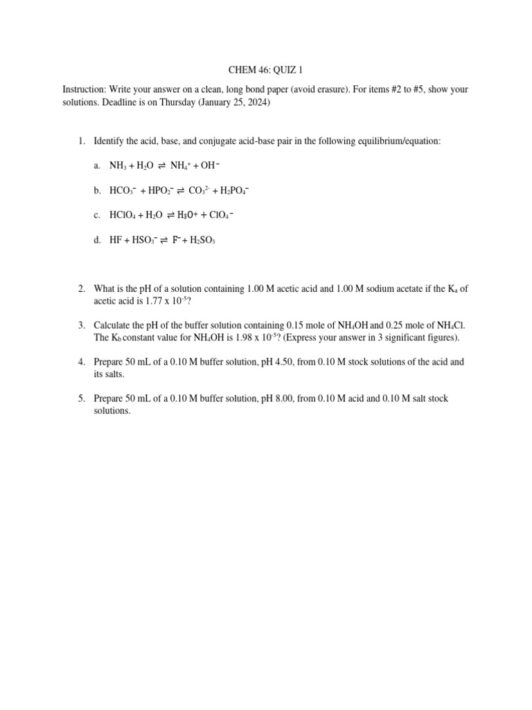 Chemistry Quiz: Acid-Base Equilibria | PDF