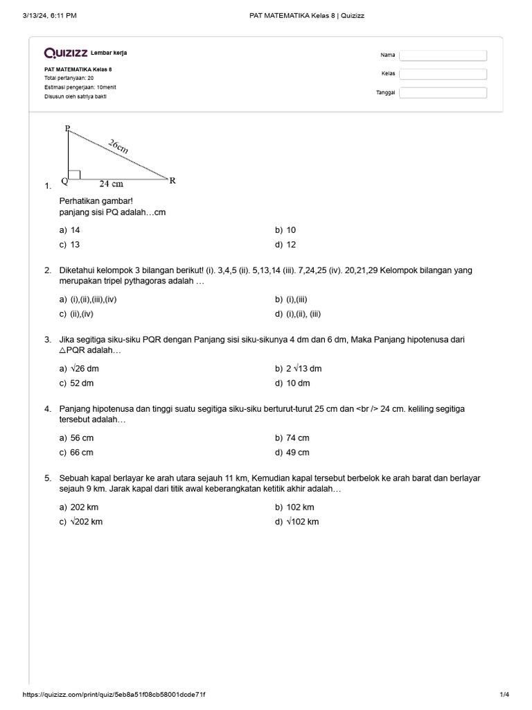 Soal PAT Matematika Kelas 8 | PDF