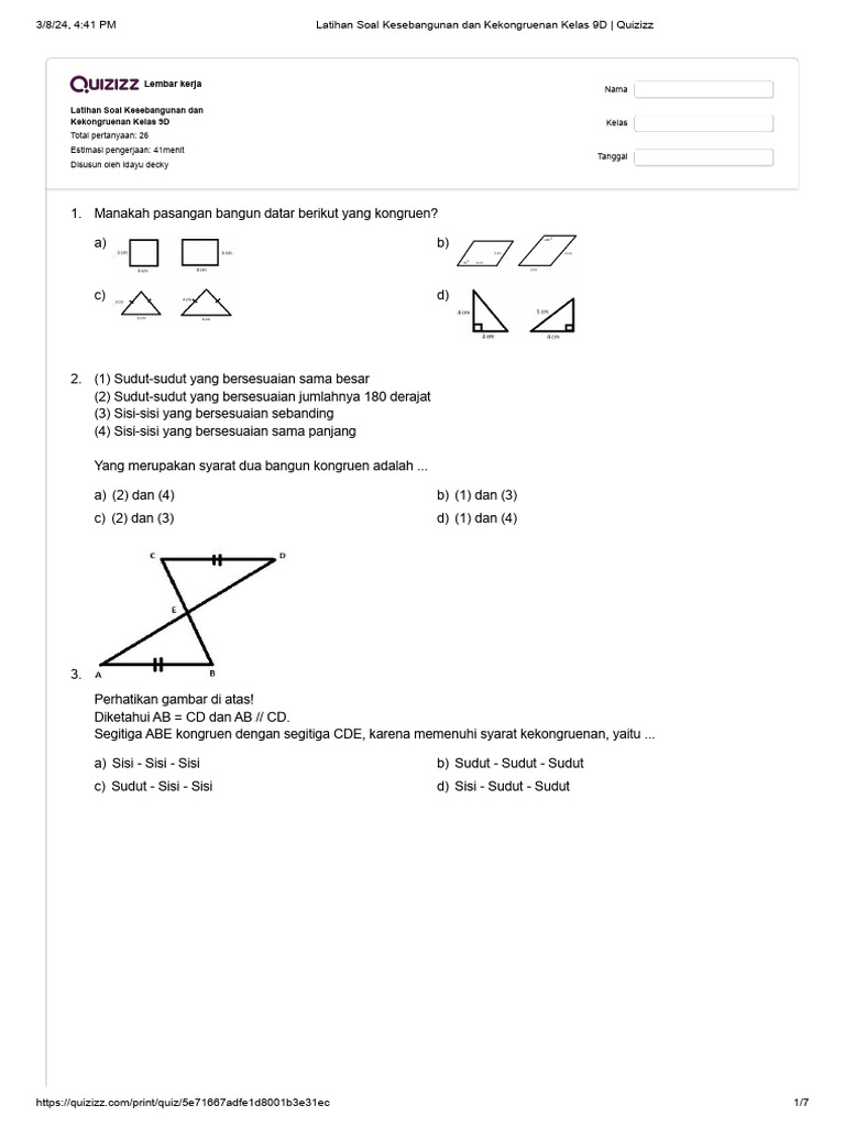 Latihan Soal Kesebangunan Dan Kekongruenan Kelas 9D - Quizizz | PDF