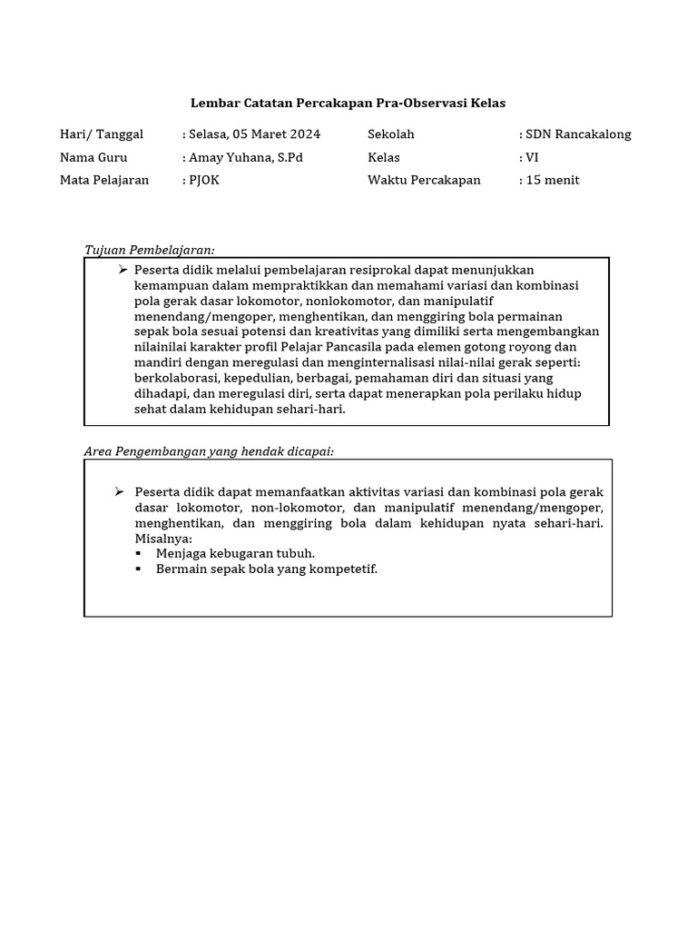 1 - Lembar Catatan Percakapan Pra-Observasi Kelas | PDF | Karier & Perkembangan | Pengembangan Diri