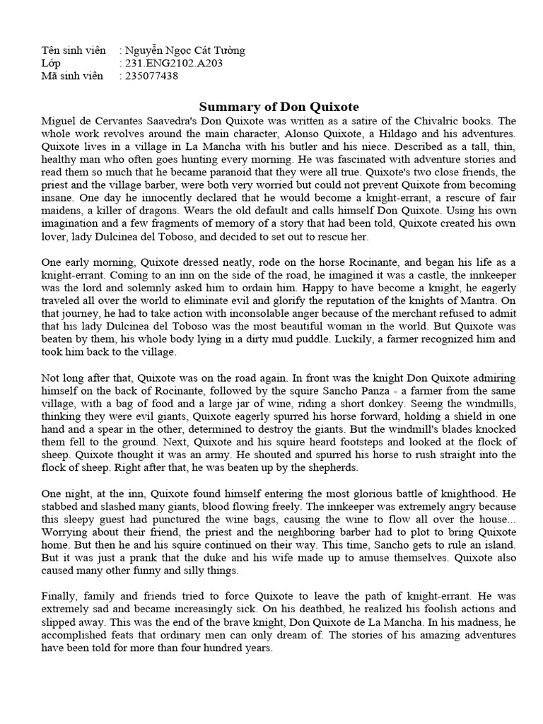 Summary of Don Quixote | PDF | Don Quixote | Comedy Novels