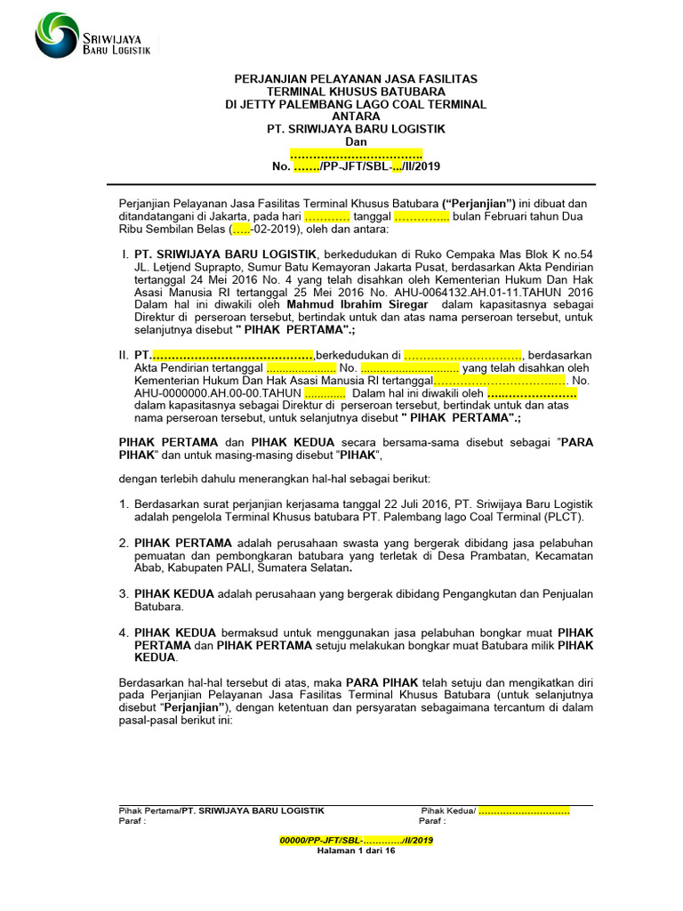 Standart Perjanjian Jasa Fasilitas Terminal Khusus Dengan Klien | PDF ...