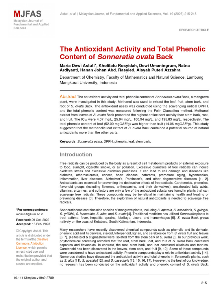 The Antioxidant Activity and Total Phenolic Conten | PDF