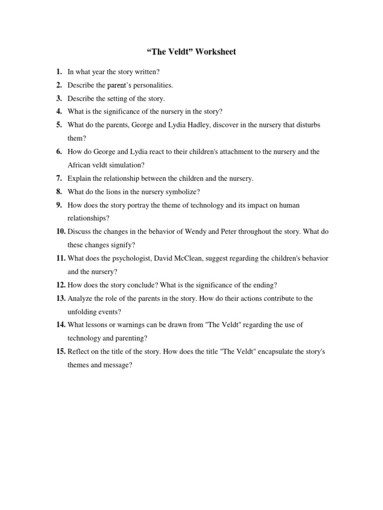 "The Veldt" Worksheet | PDF
