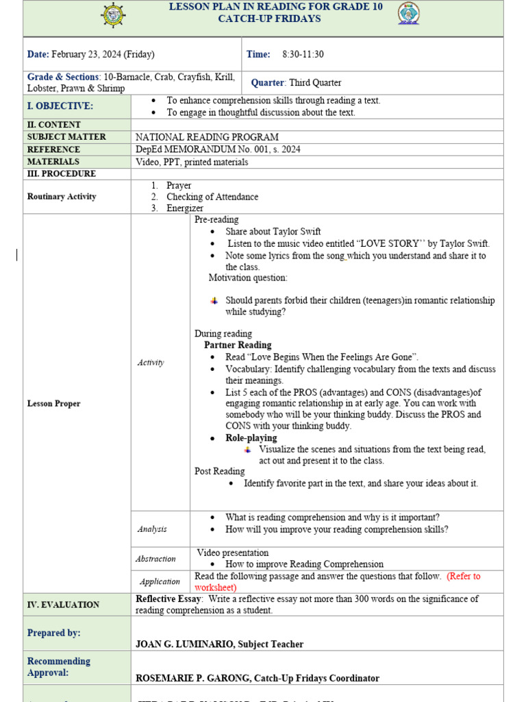 LP-FOR-READING-WEEK2 | PDF | Reading Comprehension | Behavior Modification