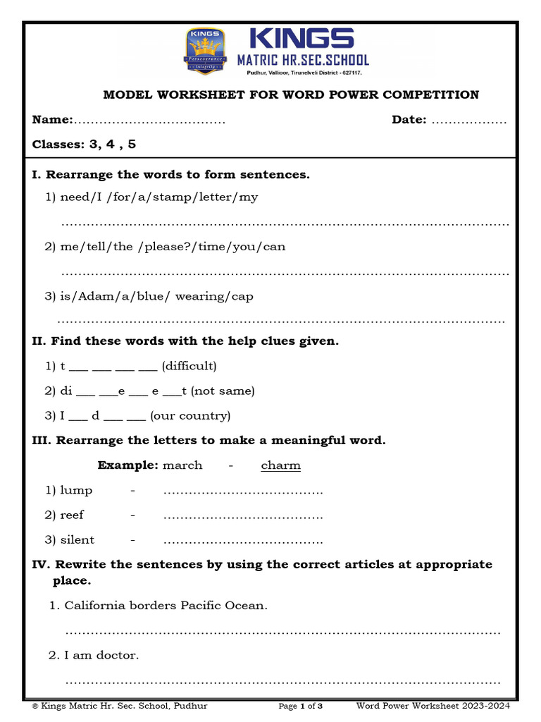 Model Worksheet For Word Power Competition | PDF | Foreign Language ...