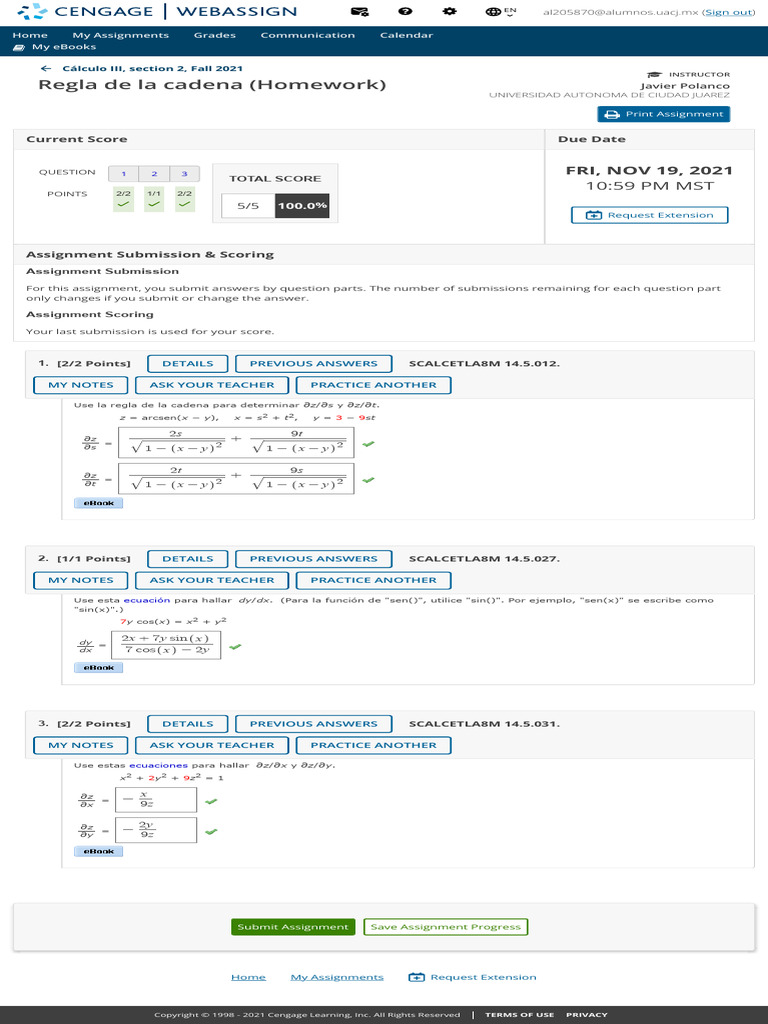 Regla de La Cadena - C Lculo III, Section 2, Fall 2021 - WebAssign | PDF