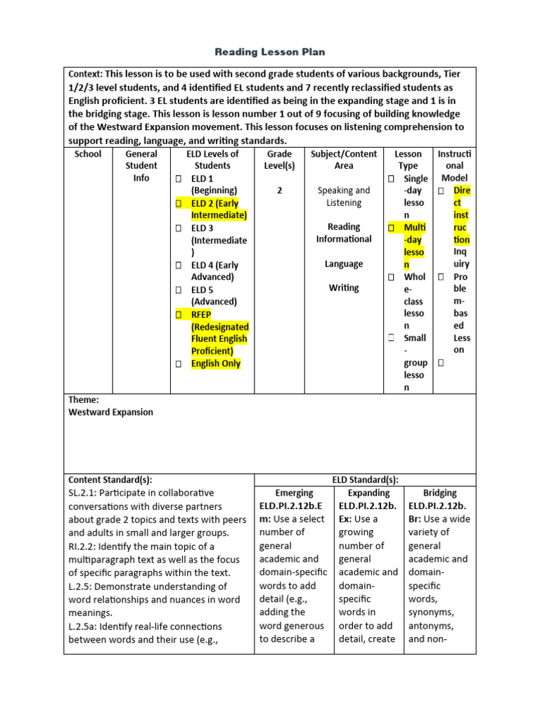 Second Grade Westward Expansion Lesson | PDF | Reading Comprehension ...