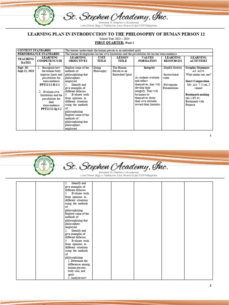 Learning-Plan-Philosophy 12-Week 3 | PDF | Learning | Cognition