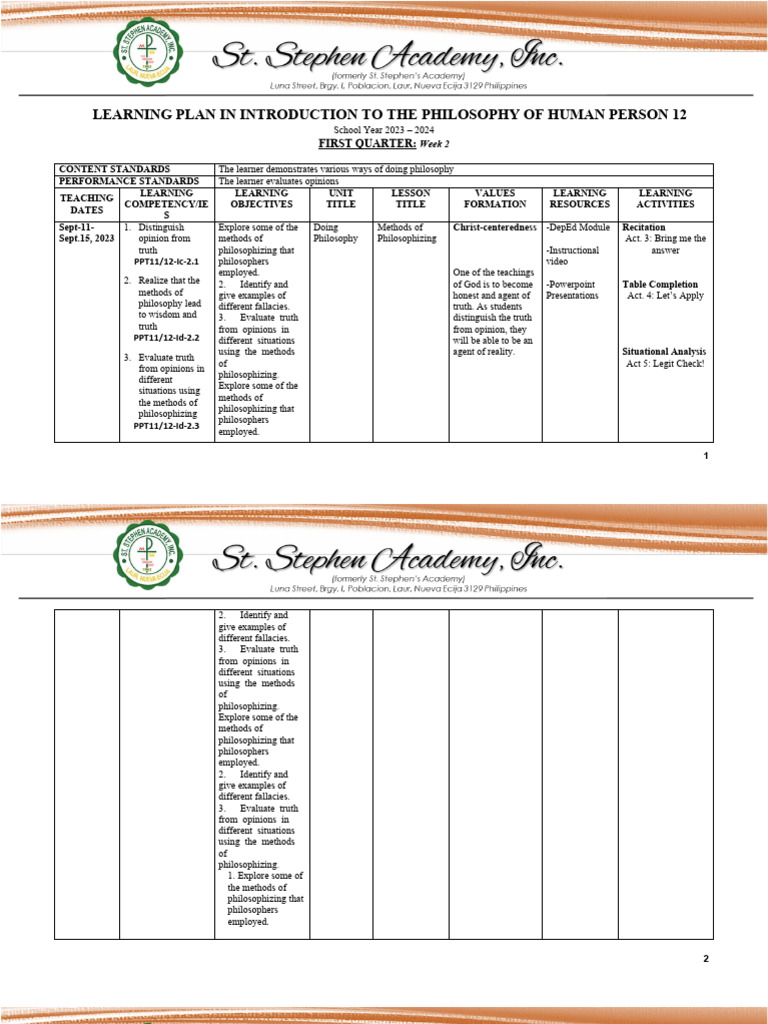 Introduction to Philosophy Learning Plan | PDF | Learning | Truth