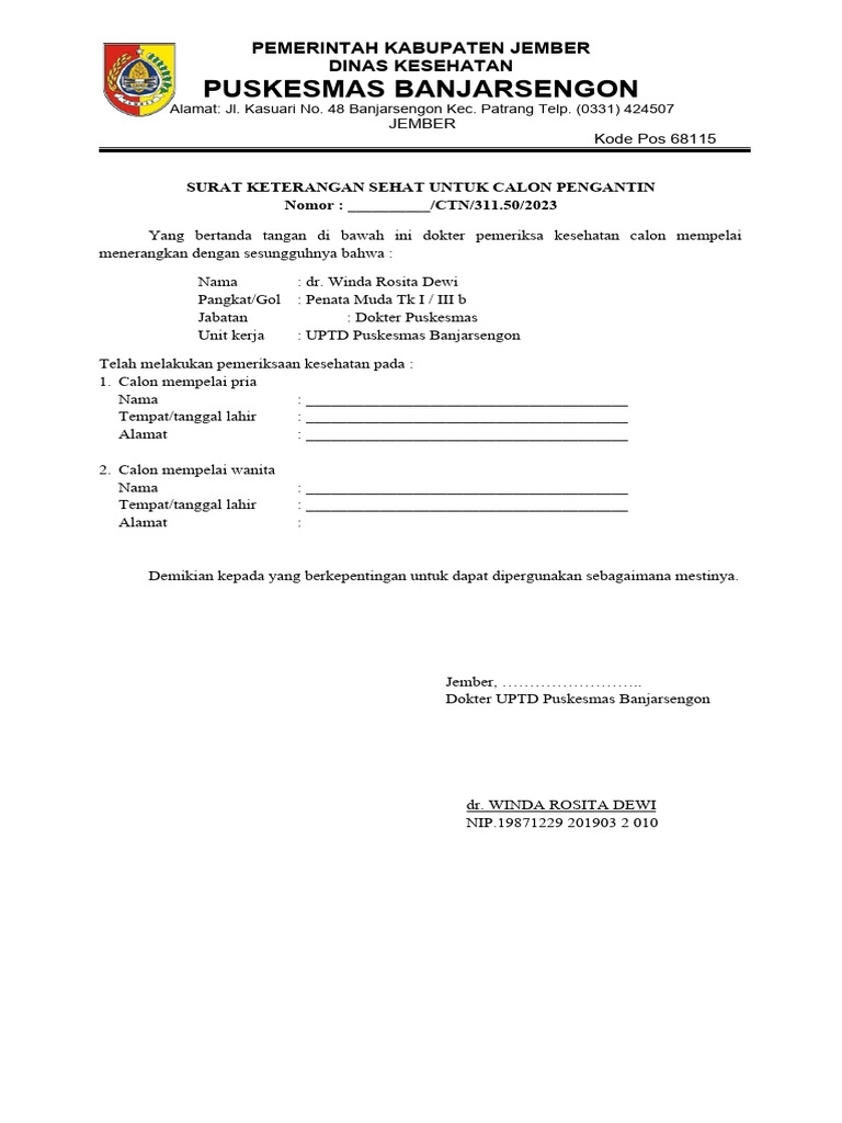 Surat Keterangan Sehat Catin Pria/Wanita | PDF
