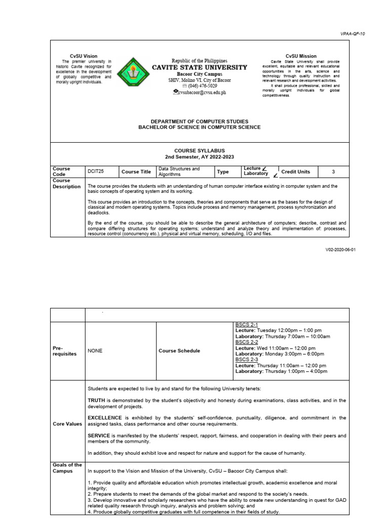 BSCS-DCIT25-DATA-STRUCTURE-AND-ALGORITHMS-Course-Syllabus (Repaired) | PDF