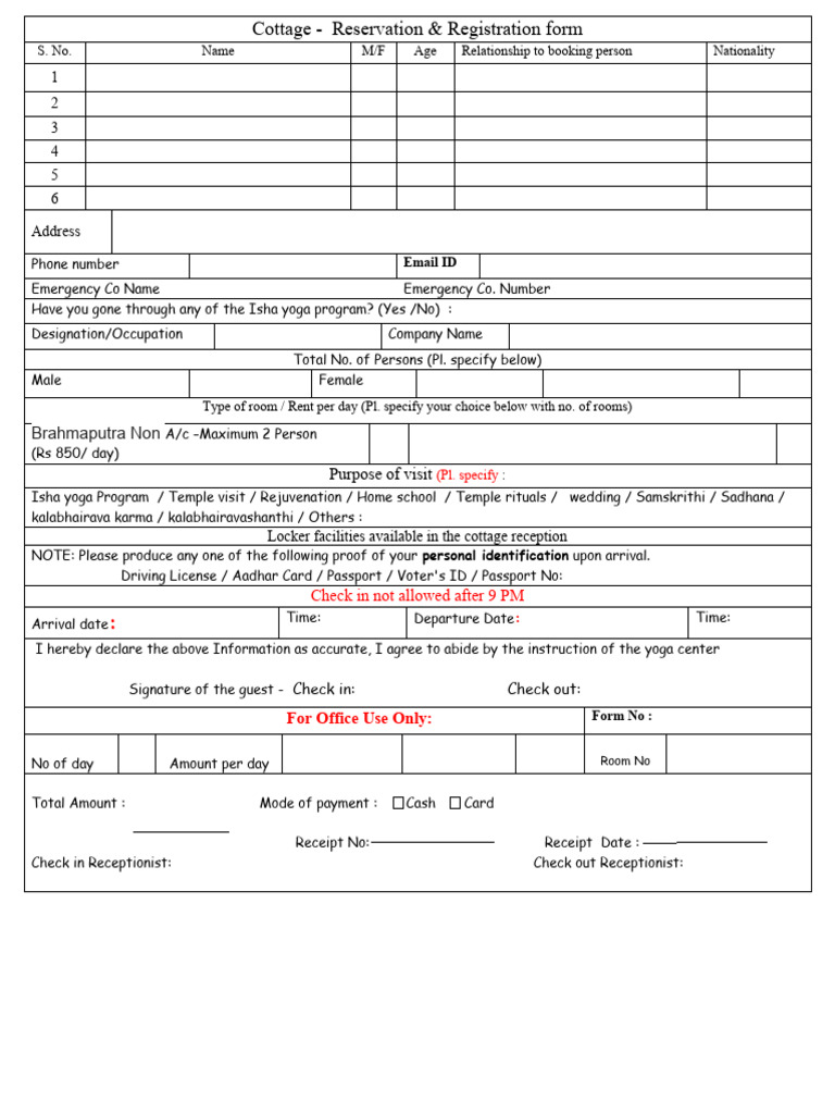 Brahmaputra Cottage Reservation Form | PDF