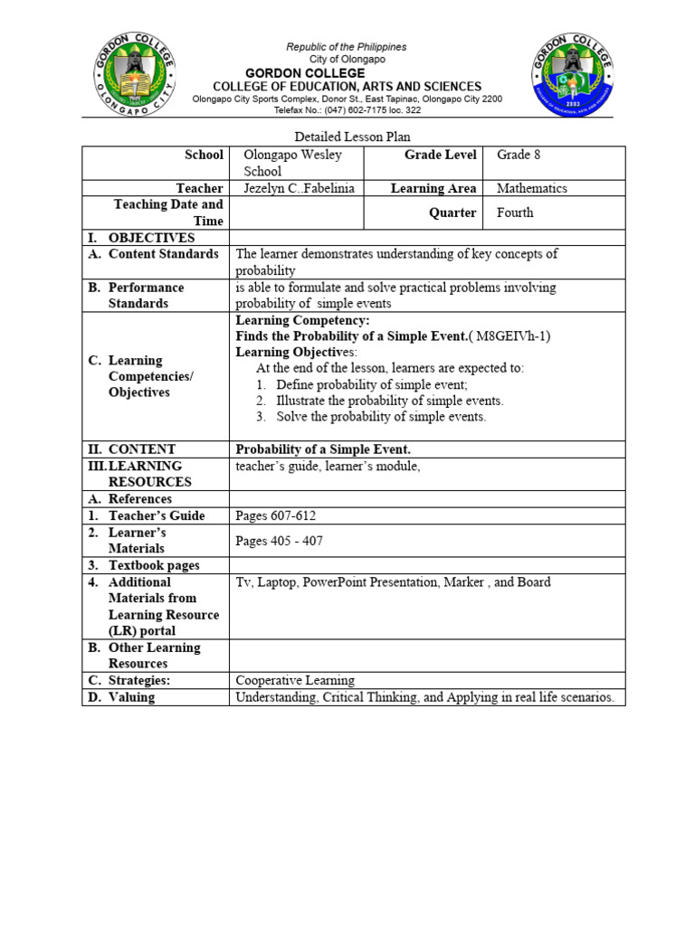 Probability of Simple Events Lesson Plan | PDF | Learning | Odds