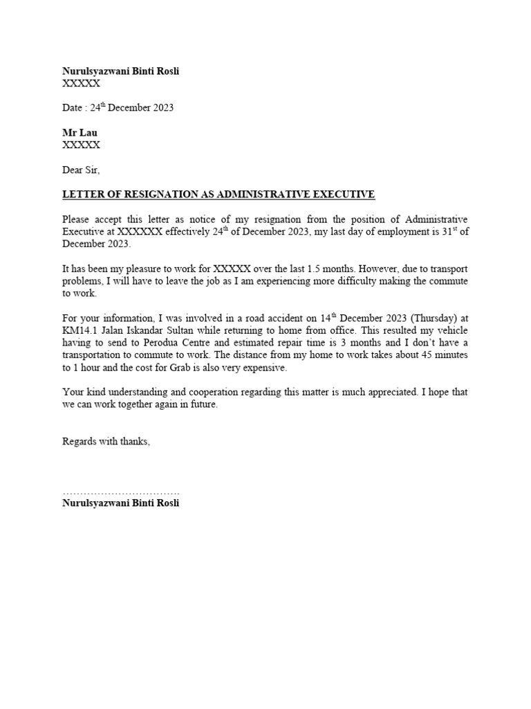 Resignation Due to Transport Issues | PDF