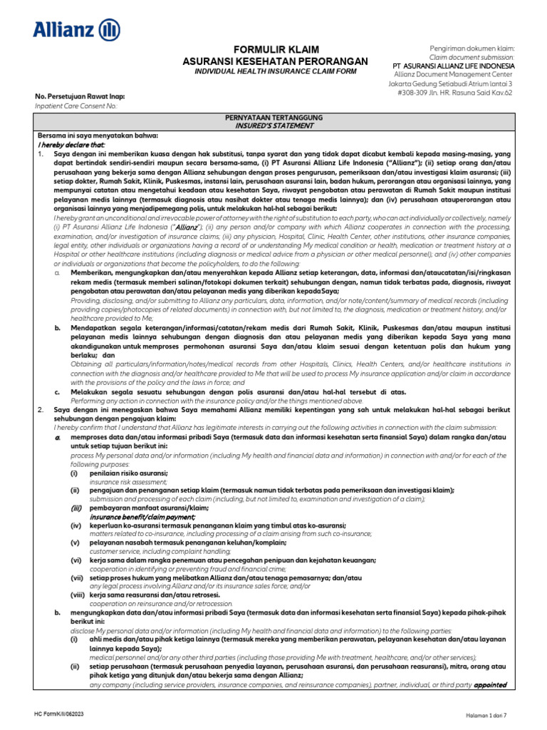 Formulir Klaim Asuransi Kesehatan Individu Bilingual K | PDF