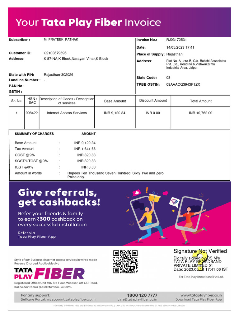 Tata Play Broadband Invoice Summary | PDF