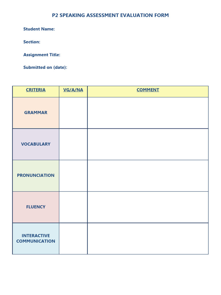 P2 Speaking Evaluation Form | PDF | Grammar | Fluency