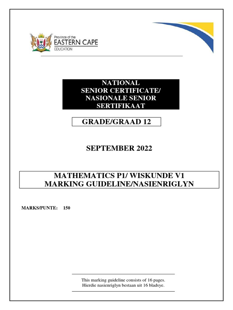 Maths p1 Gr12 Memo Sept 2022 - English+afrikaans | PDF | Mathematics