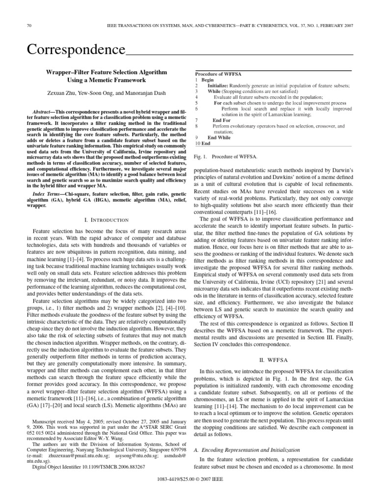 Wrapper Filter Feature Selection Algorithm Using A Memetic Framework Pdf Cross Validation 0932