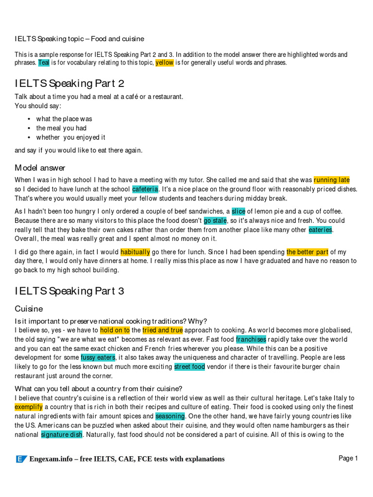 IELTS Speaking: Food and Cuisine Tips | PDF | Meal | Lunch