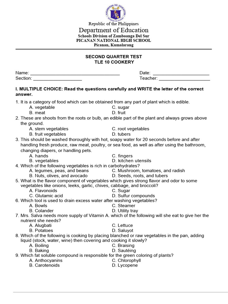 Diagnostic Test q2 Tle 10 Cookery | PDF | Vegetables | Fish