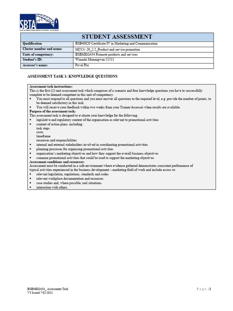 MCC4-20 - 2.2 - Student Assessment - TASKs 1 & 2 & 3 | PDF | Marketing | Advertising