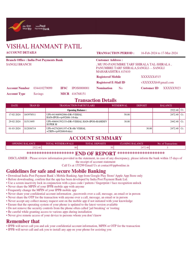 IPPB Account Statement Summary | PDF | Mobile App | Banks