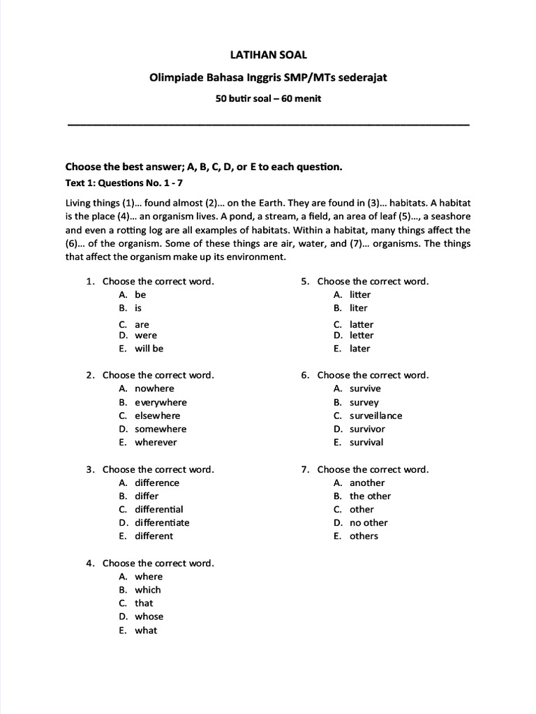 PDF Latihan Soal Olimpiade Bahasa Inggris SMP - Compress | PDF