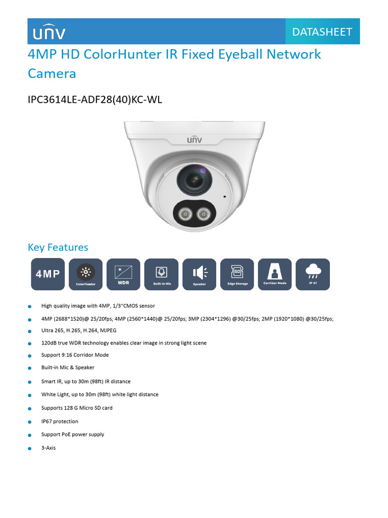 UNV【Datasheet】 IPC3614LE-ADF28 (40) KC-WL 4MP HD ColorHunter IR Fixed Eyeball Network Camera ...