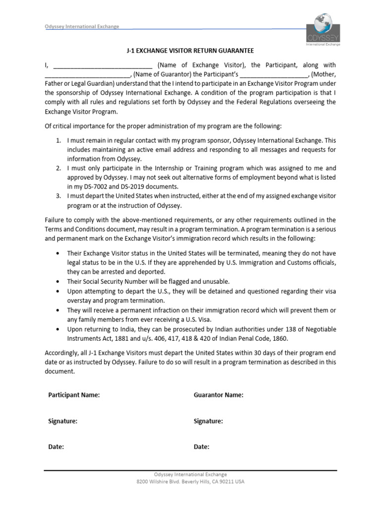 Odyssey Return Guarantee Agreement | PDF | Immigration | Human Migration