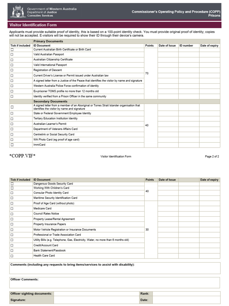 COPP Visit Identification Form | PDF | Identity Document | Government ...