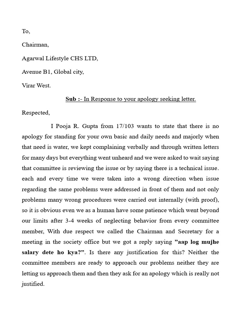 Complaint Letter to Society Chairman | PDF