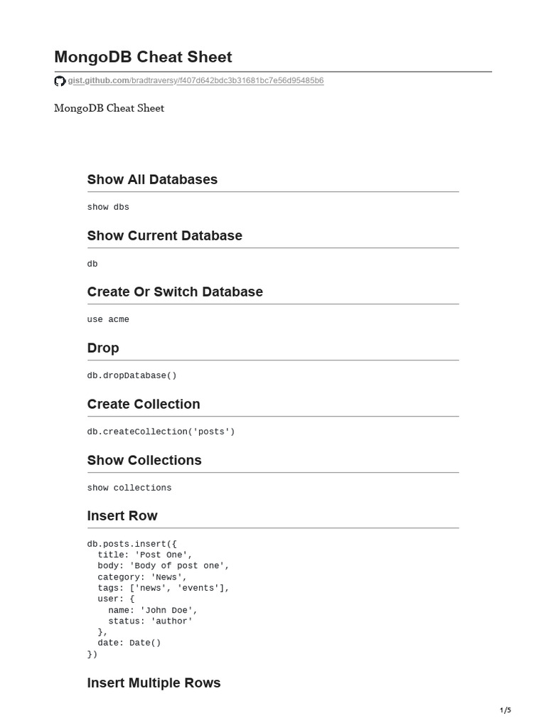 MongoDB Cheat Sheet | PDF | Computer Data | Software MongoDB Cheat Sheet | PDF | Computer Data | Software