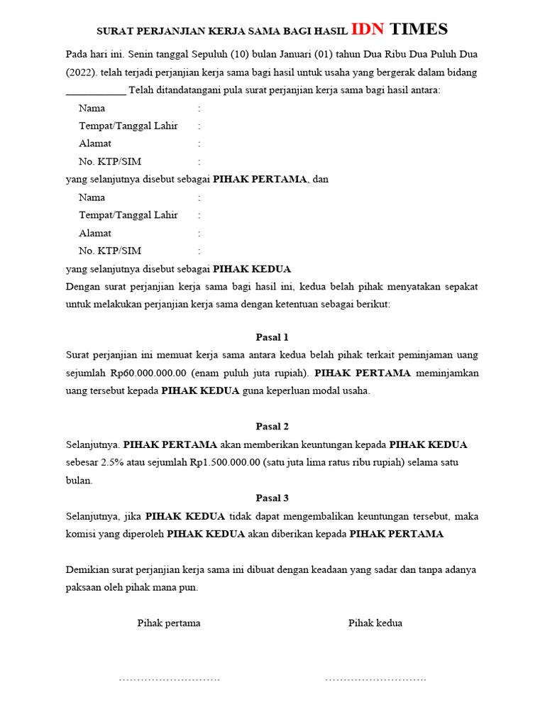 Surat Perjanjian Kerja Sama Bagi Hasil Idn Times | PDF