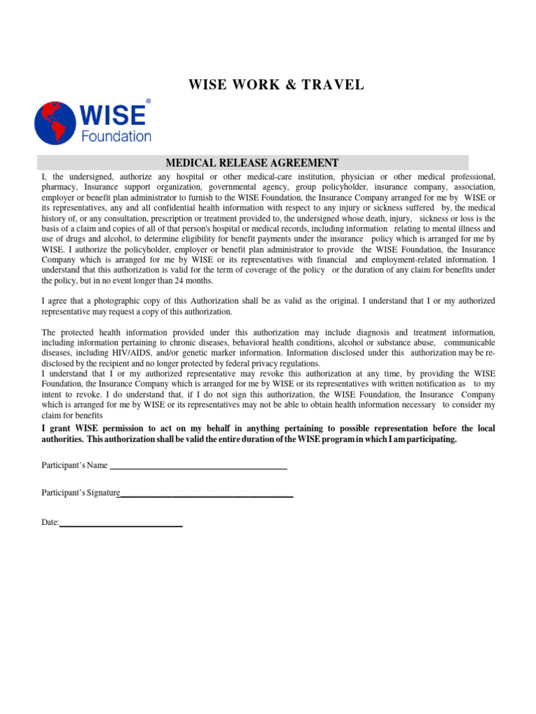 Wise Work & Travel: Medical Release Agreement | Download Free PDF | Insurance | Health Care